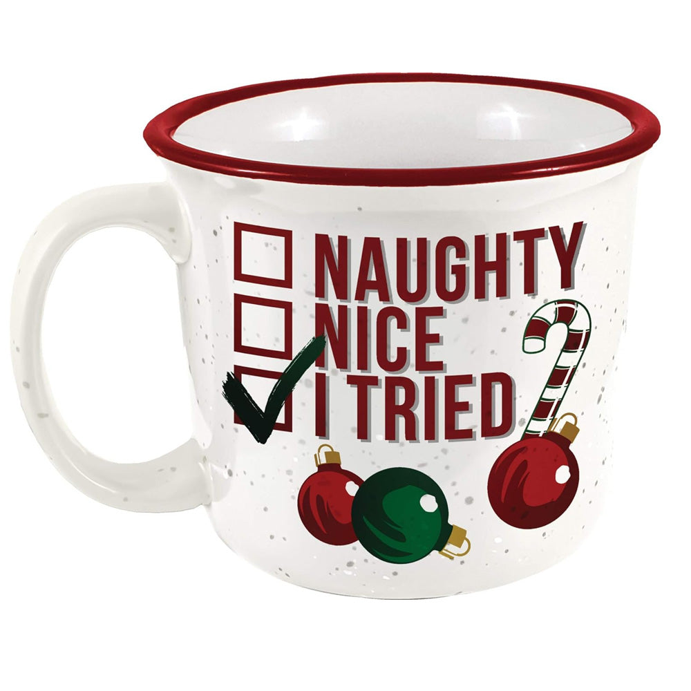 Naughty, Nice, I Tried 14oz Ceramic Camper Mug – Red Rider Leg Lamps